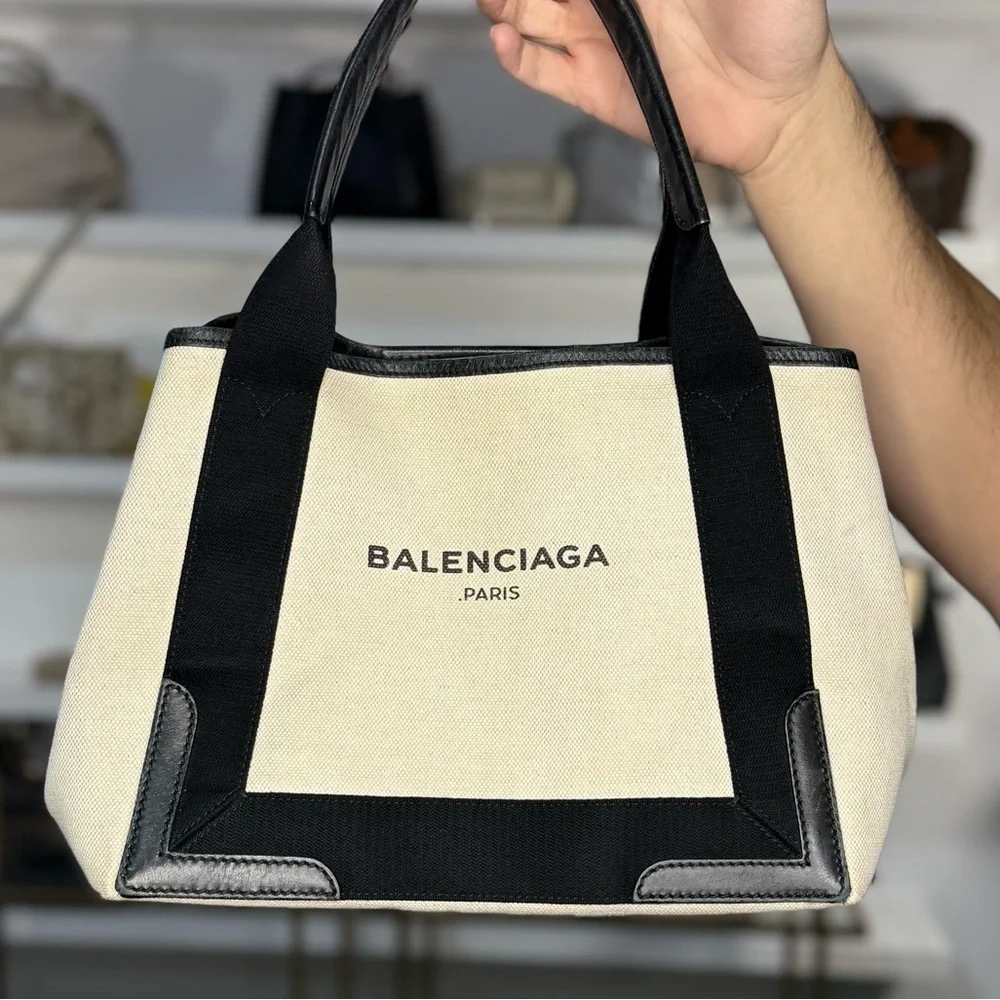 Balenciaga | Bags | Balenciaga Cream And Black Canvas Tote Bag | Poshmark